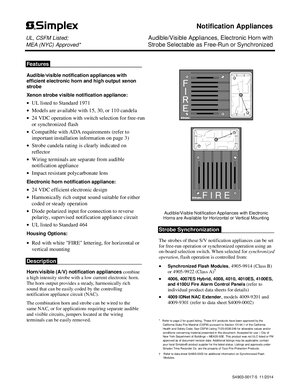 Simplex Audible/Visible Appliances Datasheet 2014 | FACP Manuals
